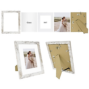 Hongkee 8x10 Picture Frame Set of 2, Made of Real Glass and Distressed White Wooden Frame - Display Picture 5x7 with Mat or 8x10 Without Mat, 8 by 10 Photo for Wall or Tabletop
