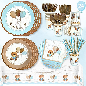 193 Pc Teddy Bear Baby Shower Decorations Tableware - We Can Bearly Wait Teddy Bear Plates, Cups, Napkins, Tablecloth, Straws, Cutlery - Serves 24