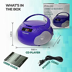 Philco Portable CD Player Boombox with Speakers and AM FM Radio | Purple Boom Box CD Player Compatible with CD-R/CD-RW and Audio CD | 3.5mm Aux Input | Stereo Sound | LED Display | AC/Battery Powered