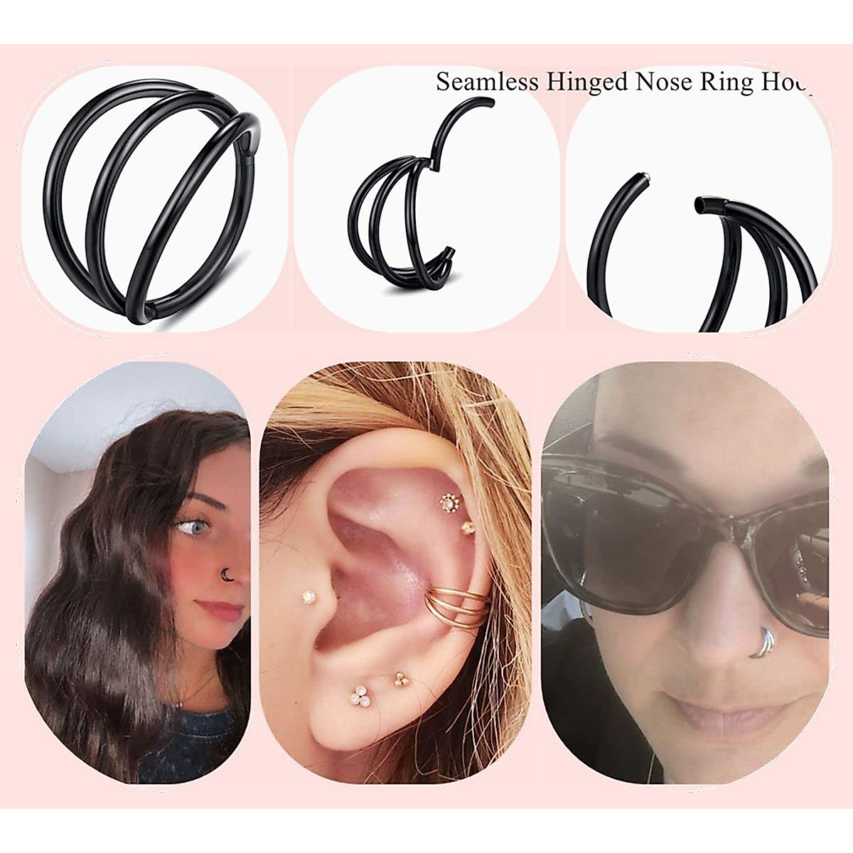 Yrogcu 20G Gold 12mm Hinged Nose Ring Hoop Double Row Diamonds Septum Piercing Jewelry Cartilage Earrings Stainless Steel Helix Earring Hoop Daith Lip Eyebow Belly Ring with Shiny Clear CZ