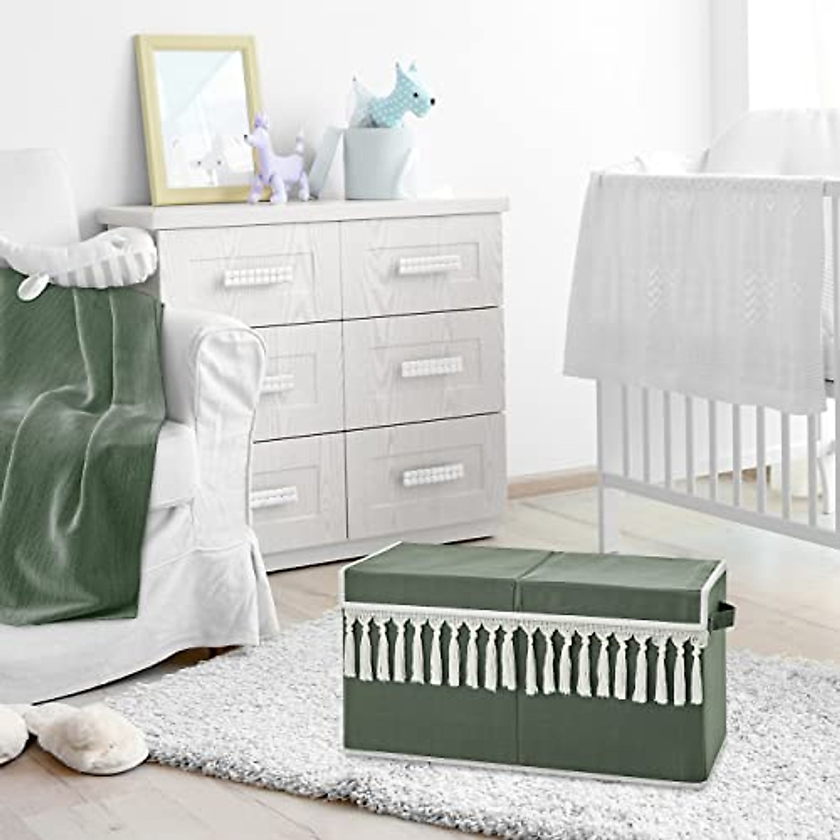 Sweet Jojo Designs Dark Green Boho Chic Girl Boy Unisex Small Fabric Toy Bin Storage Box Baby Nursery Solid Sage Hunter Ivory Bohemian Gender Neutral Linen Macrame Modern Farmhouse Designer Minimalist