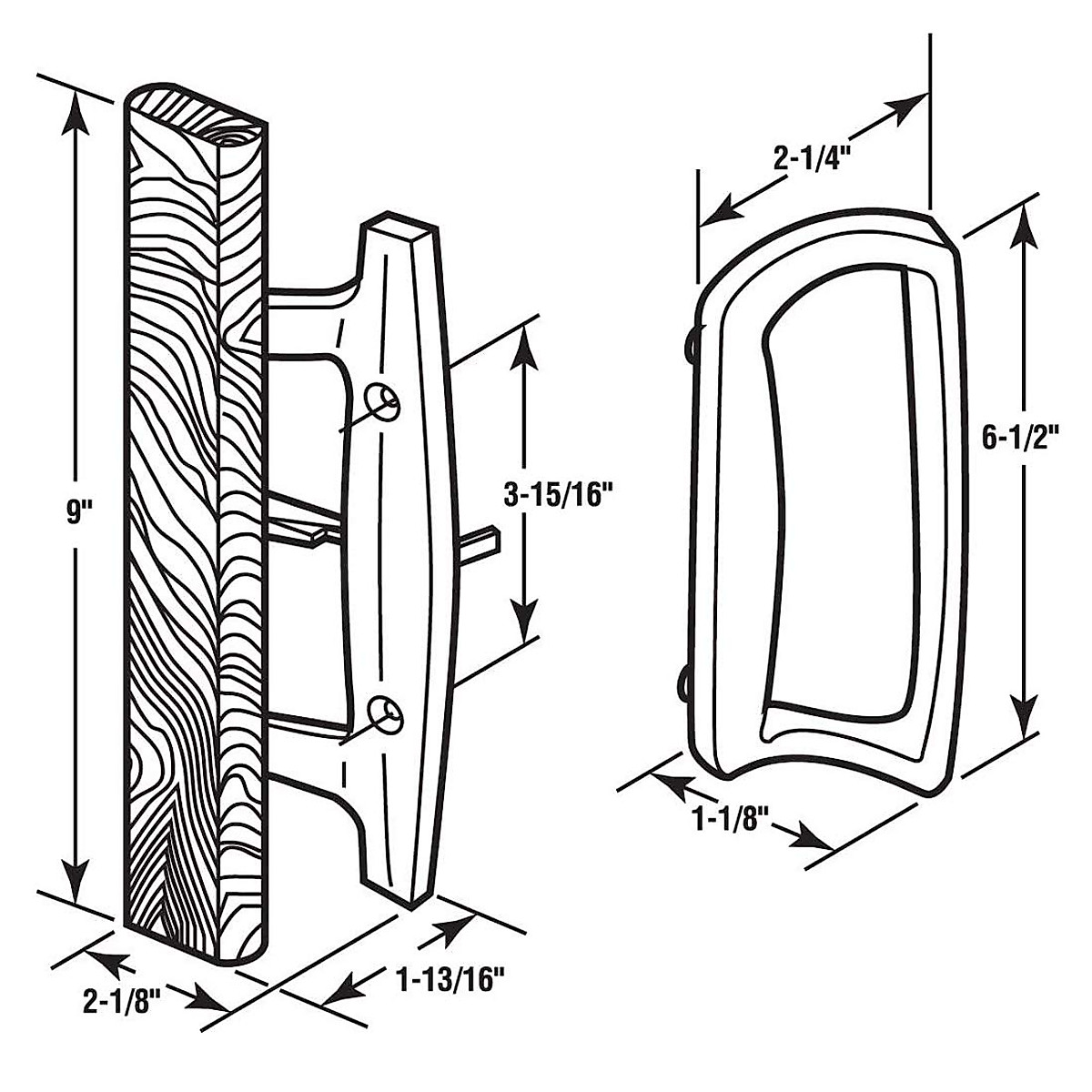 Mortise Style Reversible Sliding Patio Door Handle Set with Oak Wood Interior Handle and Exterior Pull in White Diecast Finish Fits 3-15/16” Screw Hole Spacing, Non-keyed with Latch Locks (Black)