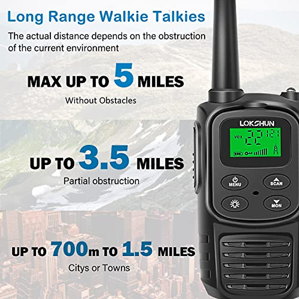 LOKSHUN Walkie Talkies for Adults Long Range with 22 FRS Channels,X1 Walkie Talkie Up to 5 Miles with Earpieces VOX Auto Squelch,Professional Walkie Talkies for Kids Gift Family Hiking Camping(2 Pack)