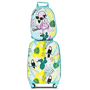 GYMAX Kids Carry On Luggage Set, 12" & 16" 2PCS Rolling Suitcase (Flamingos)