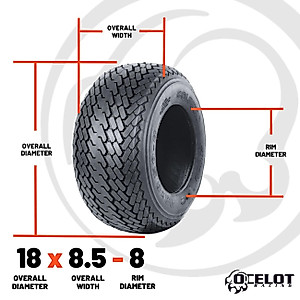 Ocelot Excel 18x8.5-8 Golf Cart Tires with White 8x7 4/4 2.5+4.5 Steel Wheel, Fits Club Car, Golf Carts With Stock Size 8x7 OEM Wheels, Tubeless tire, Turf Style Tread for Low Impact On Grass