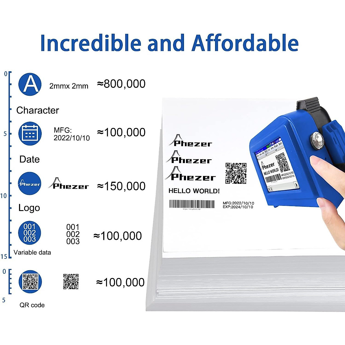 Phezer Mini Handheld Inkjet Printer PC11 for All Materials, with Touch Screen and Quick-Drying Ink Cartridge, Portable Pocket Marking Device for Label/Date/Barcode/Logo/Qrcode/Batch Number/Image