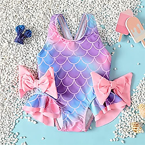 PATPAT Baby Girl Sleeveless Ruffle Swimwear Infant Girl Bow Mermaid Backless One-Piece Swimsuit Colorful 18-24 Months