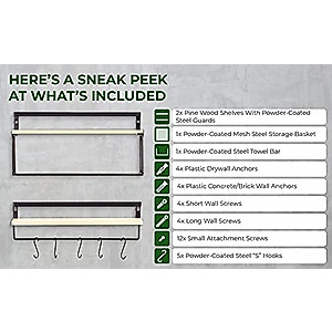 Pre-Drilled Floating Shelves for Bath, Kitchen, & Bedroom - Wall Mounted Natural Wood Floating Shelves with Steel Towel Bar, Mesh Storage Basket & Hardware for Installation - 2 Pack