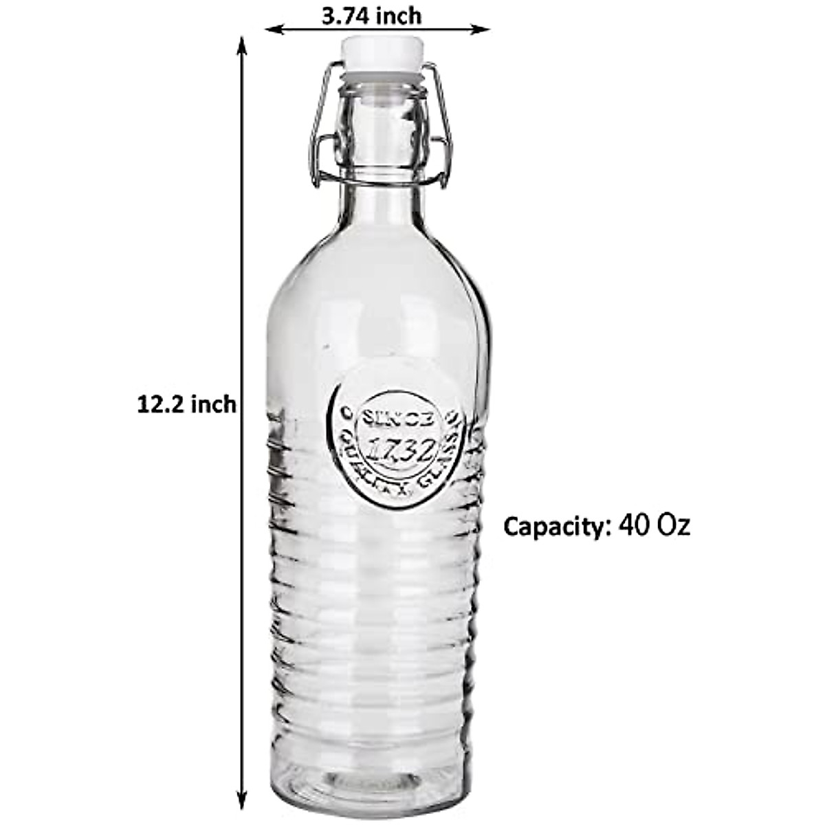 Nicunom 4 Pack Flip Top Glass Bottle, 40 Oz. / 1.2 Liter Clear Glass Pitcher Swing Top Brewing Bottle with Stopper for Beverages, Oils, Kombucha, Beer, Kiefer, Water, Soda, Airtight Seal & Metal Clamp