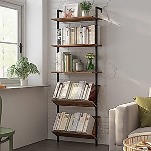 bukfen Ladder Bookshelf, 5 Shelf Modern Bookcase, Wall Mount Industrial Bookshelf, Open Wood Storage Shelves with Metal Frame for Bedroom Office, Rustic Brown