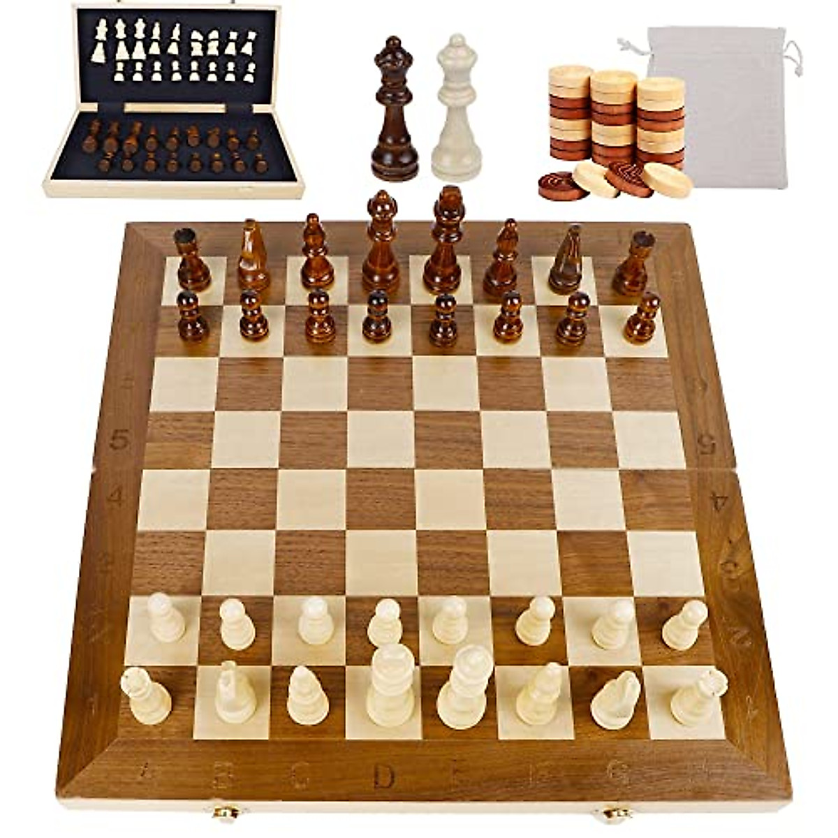 Juegoal 17" Wooden Chess & Checkers Set, 2 in 1 Board Games for Kids and Adults, with Felted Game Board Interior for Storage, Travel Portable Folding Chess Game Sets, 2 Extra Queen, 24 Checkers Pieces