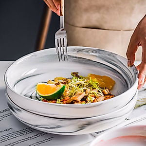 Yundu Porcelain 28 Ounce Pasta bowl Set,Salad bowls,Serving Bowls,Set of 4,Grey Marbled