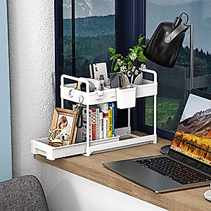 SOLEJAZZ 2-Tier Under Sink Organizer, Sliding Under Bathroom Cabinet Storage Drawer Organizer with Hooks, Hanging Cup, Dividers, Handles, Multi-purpose Under Sink Shelf Organizer, White, 2 Pack