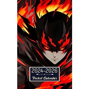 Pocket Calendar 2024-2026: Two-Year Monthly Planner for Purse , 36 Months from January 2024 to December 2026 | Anime-style black red shadow | Red eyes with flames