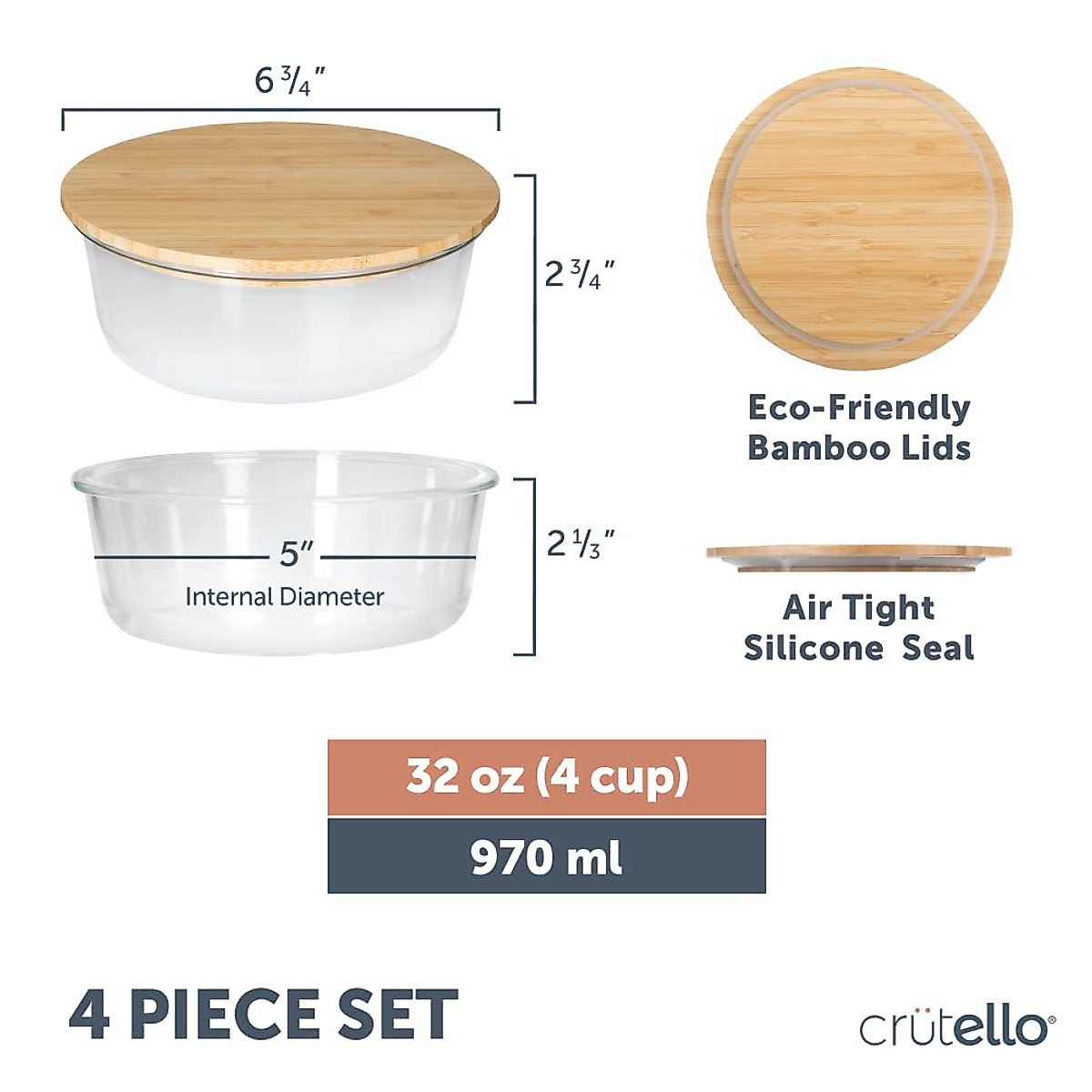 Crutello Glass Storage Containers with Bamboo Lids - Eco-Friendly Non Toxic Meal Prep Jars with Wooden Lid for Fridge and Kitchen Organization - Non Plastic Container for Fruit Bowls - 32 oz - 4 Pack