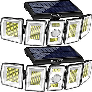 AmeriTop Solar Lights Outdoor 300 LED 7000K Motion Sensor Lights Cordless; 5 Adjustable Heads, 360° Wide Angle Illumination, IP65 Waterproof, Security LED Flood Light for Patio Yard Garden 2 Pack