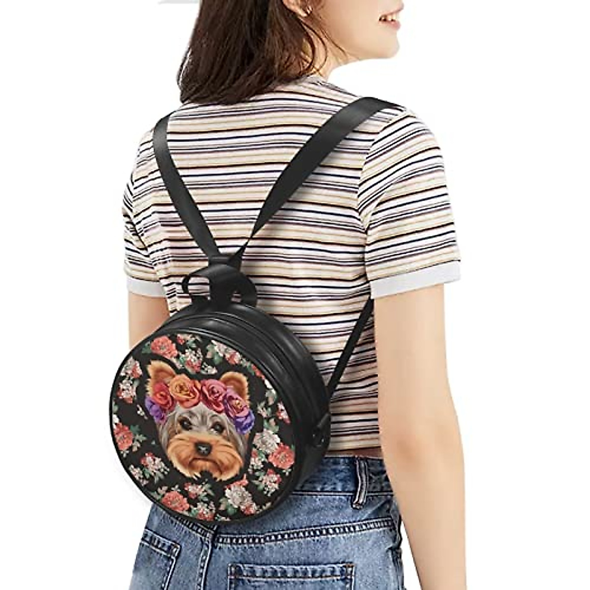 SCRAWLGOD Women Round Satchel Bag Yorkshire Terrier Dog Floral Print Small Crossbody Bags Cell Phone Purse Clutch Messenger Shoulder Handbag