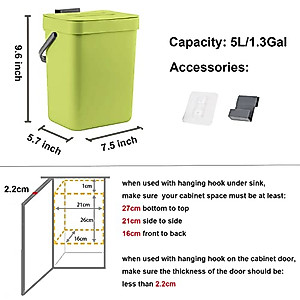 LALASTAR Small Plastic Trash Can, Hanging Small Trash Can with Lid Under Sink for Kitchen, Food Waste Bin for Countertop, Mountable Garbage Can for Bathroom, RV, 5L/1.3 Gal, Green
