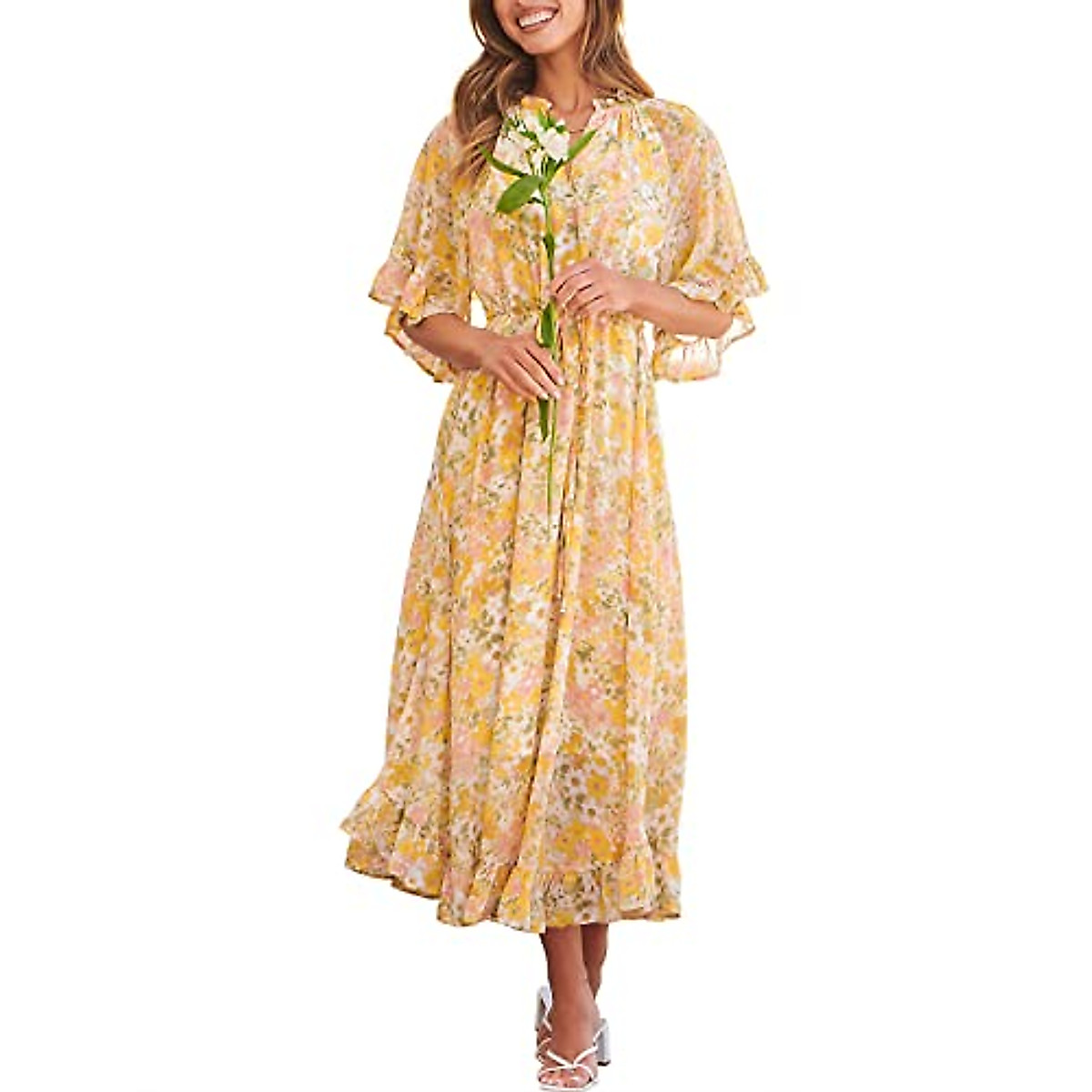 ANRABESS Women's Summer Ruffle Maxi Dress Floral Print 3/4 Bell Sleeve V Neck High Waist Flowy Boho Long Dress 746fenhuang-XL