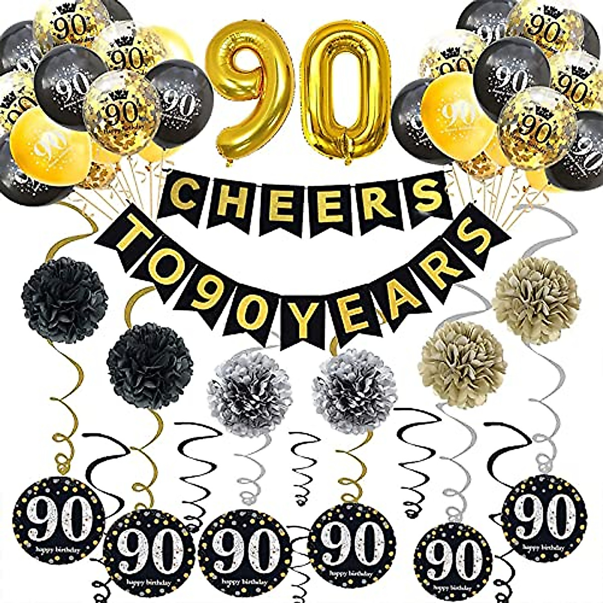 Trgowaul 90th Birthday Decoration Set: Includes 90th Black Gold Birthday Backdrop, Gold Glittery Cheers to 90 Years Banner, Pom Poms, 6Pcs Sparkling 90 Hanging Swirl and Balloons