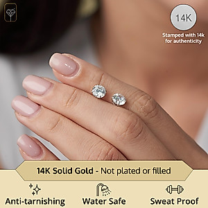 MAX + STONE 14k Solid White Gold Stud Earrings for Women & Men with CZ | Real 14k Gold Cubic Zirconia Earrings Studs with Secure Butterfly Backs | Anti-Tarnishing Cubic Zirconia Studs | Size - 6.5MM