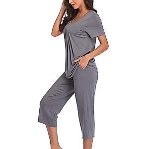 COLORFULLEAF Womens Pajama Sets Summer Pjs Lounge Sets for Women Soft Sleepwear Top and Capri Pants with Pockets (Deep Grey, L)