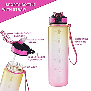 EYQ 32 oz Water Bottle with Time Marker, Carry Strap, Leak-Proof Tritan BPA-Free, Ensure You Drink Enough Water for Fitness, Gym, Camping, Outdoor Sports (Yellow/Pink Gradient)