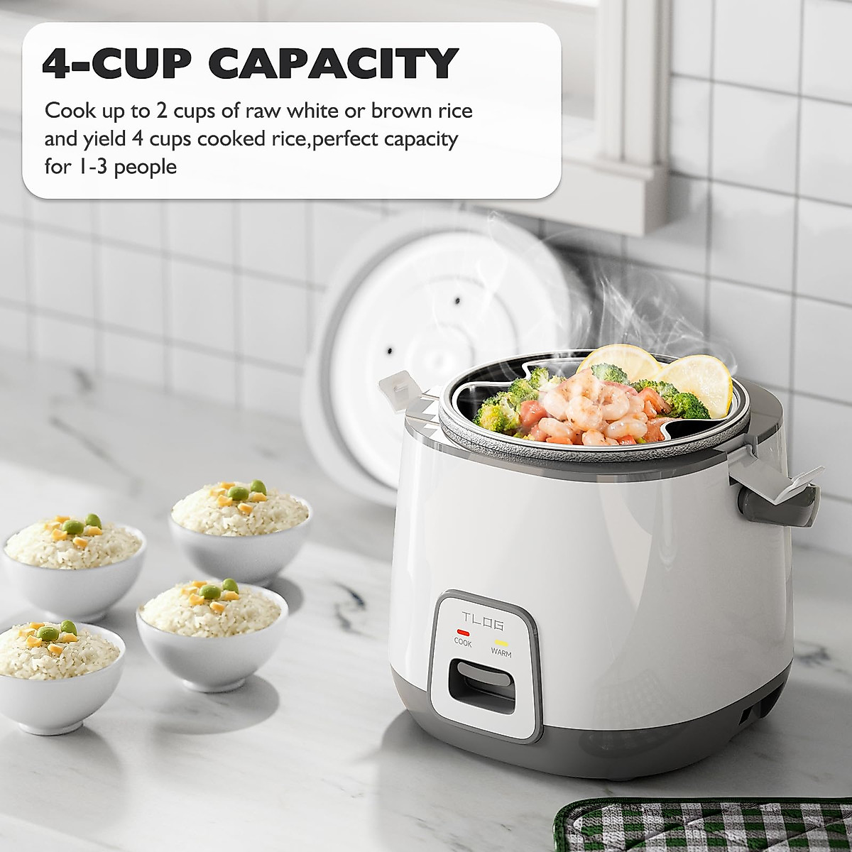 TLOG Mini Rice Cooker 2.5-Cup Uncooked(5-Cup cooked), Healthy Non-stick Coating 1.2L Small Rice Cooker for 1-3 People, Portable Travel Rice Cooker with Steam Tray, Rice Maker for Grains, White Rice, Oatmeal, Veggies