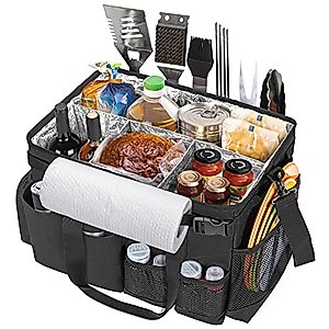 HODRANT Large Grill Utensil Caddy with Paper Towel Holder, Collapsible Picnic Bag Organizer for BBQ Supplies, Tailgating Accessory Basket Camping Gear Must Haves for Cook Essentials, Black, Bag Only