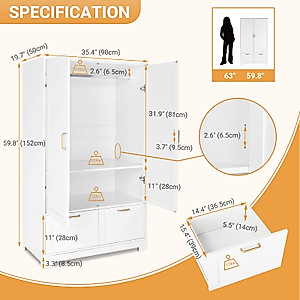 VINGLI Wide White Armoire Wardrobe Closet with Adjustable Shelves and Drawers, 60" Freestanding Closet Wardrobe Cabinet, Armoires and Wardrobes with Doors for Kids' Room, Dorm