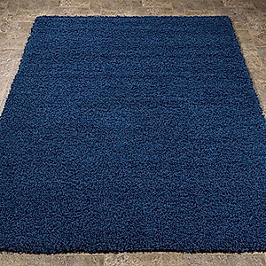 Sweethome Stores Cozy Collection Plush Luxurious Solid Navy Solid Design (5' X 7') Shag Living Room & Bedroom Area Rug