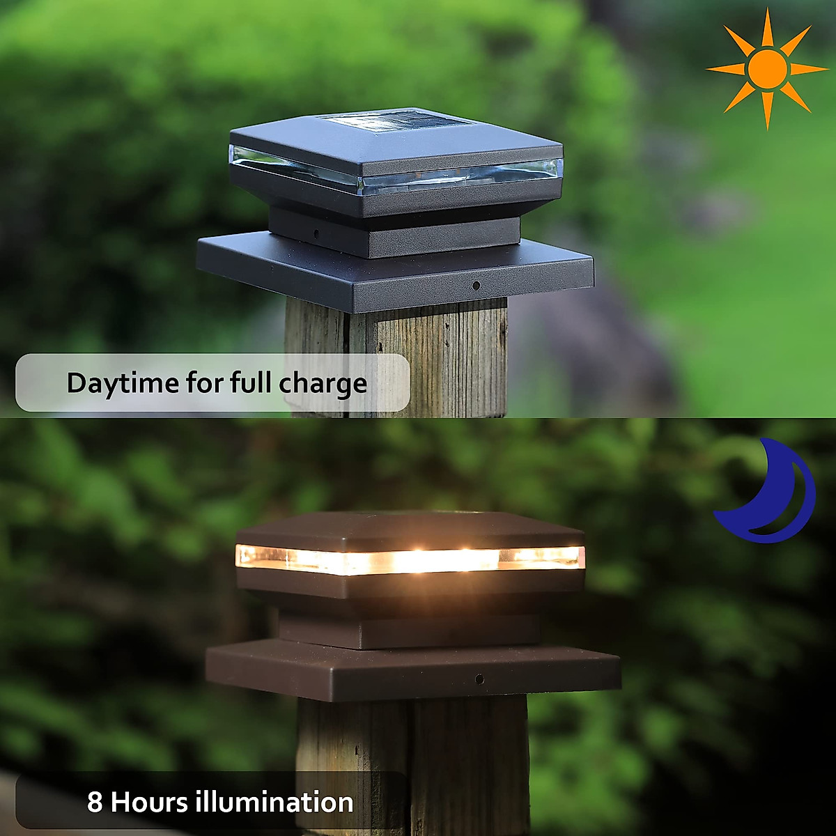 Dynaming 6 Pack Solar Post Lights, Outdoor Decorative Post Cap Light, Solar Powered Black Shell Caps, BrightnePatio, FWhite LED Lighting for Fence Deck Patio, Fit 4x4, 5x5 or 6x6 Vinyl/Wooden Posts