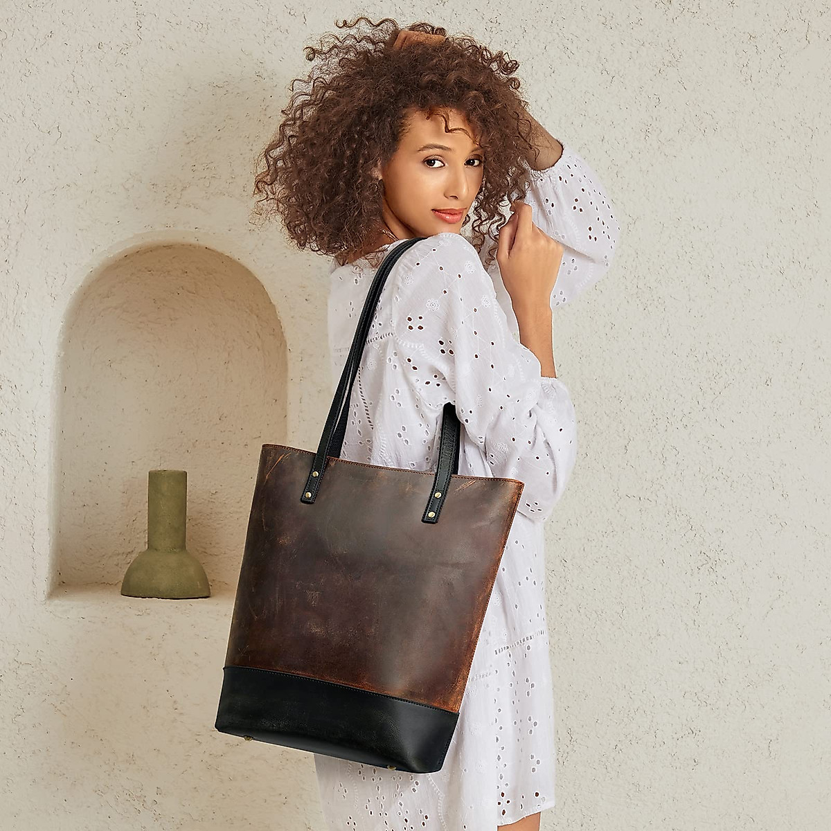 S-ZONE Leather Tote Bag for Women Genuine Leather Shoulder Purse Vintage Handbag Two Tone with a Luggage Sleeve