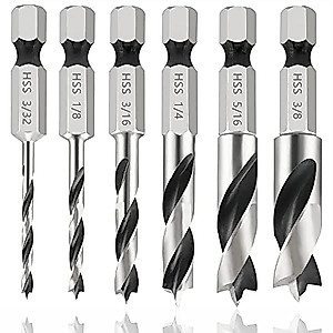 Eyech 6Pcs Brad Point Drill Bits Stubby Drill Bit Set for Wood |Spiral Twist Bit 1/4" Quick Change Hex Shank | 4241 High Speed Steel | for Quick Change Chucks and Drives