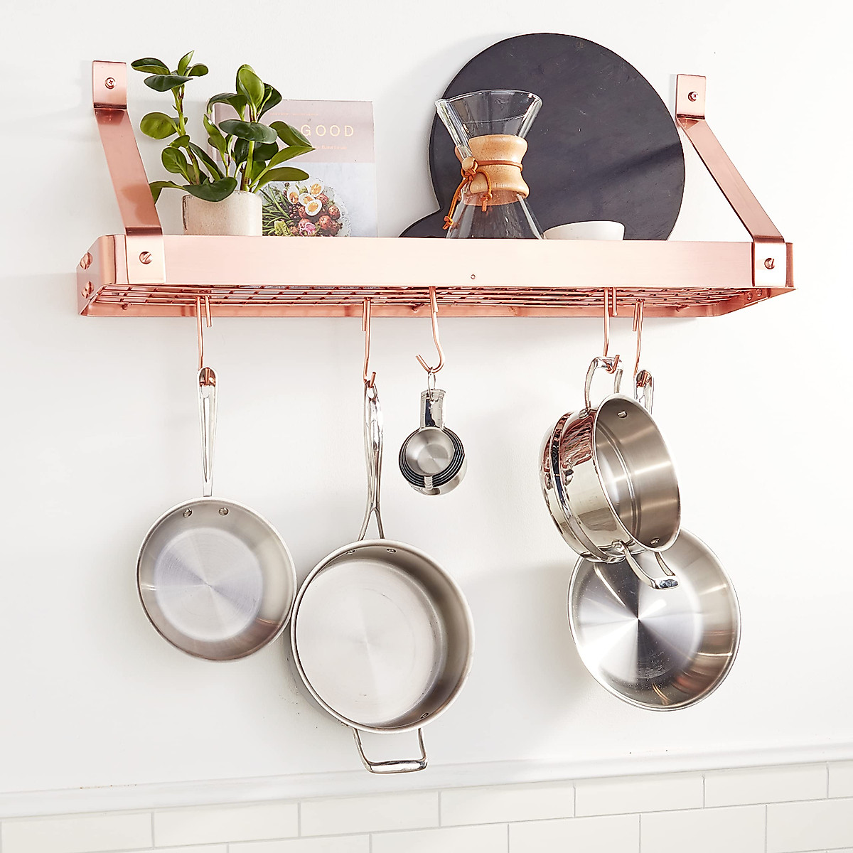 Wall-Mount Bookshelf Pot Rack with Grid & 12 Hooks