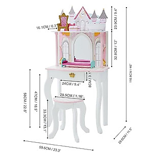 Teamson Kids Dreamland Princess Play Vanity Set with Mirror, Shelf, Storage Drawer, Stool, and Accessories for 12" Dolls, White an Pink
