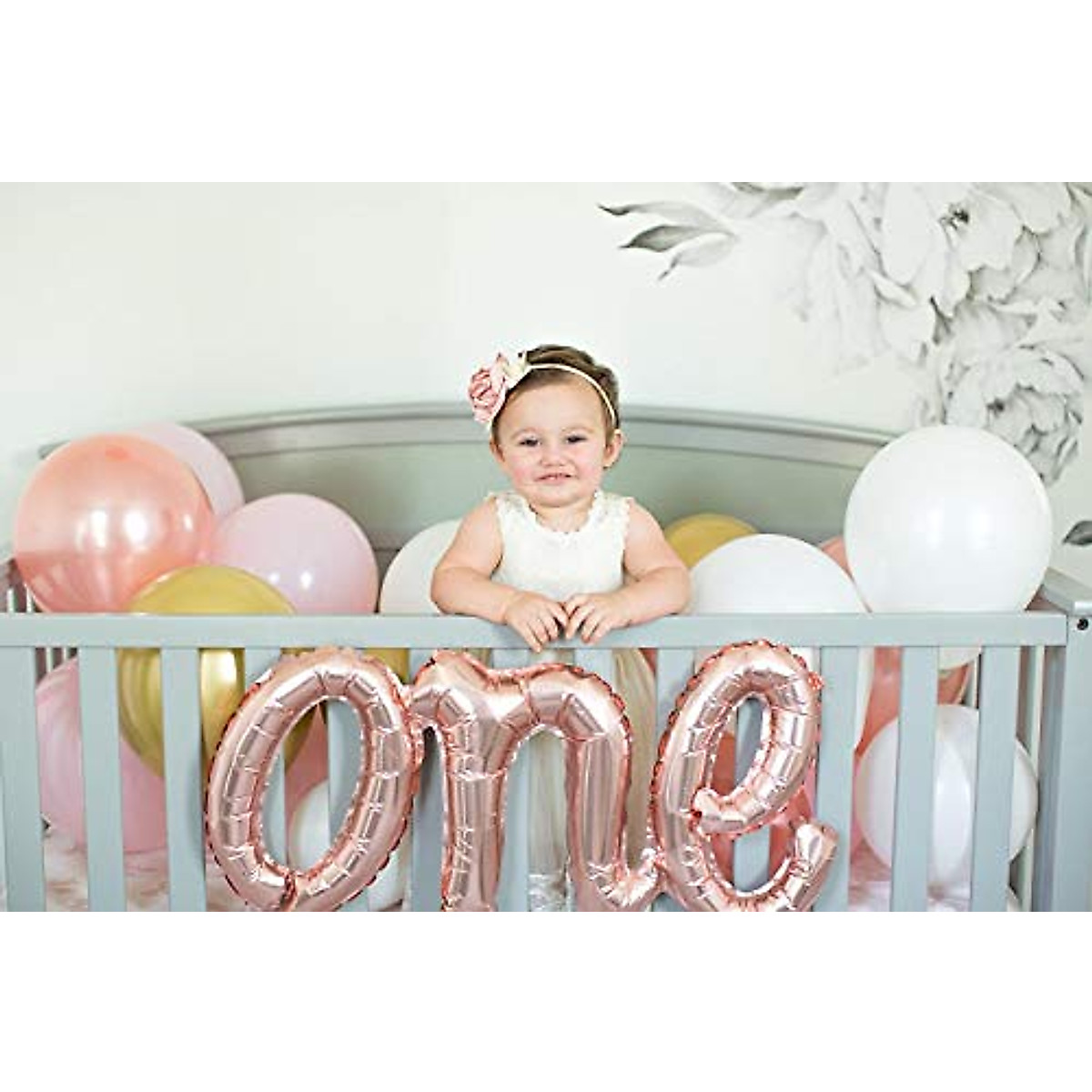 One Balloon Banner 40" First Birthday Balloons Hand Writing Style Foil Letter Baby Balloon Anniversary Celebration Decorations,Rose Gold