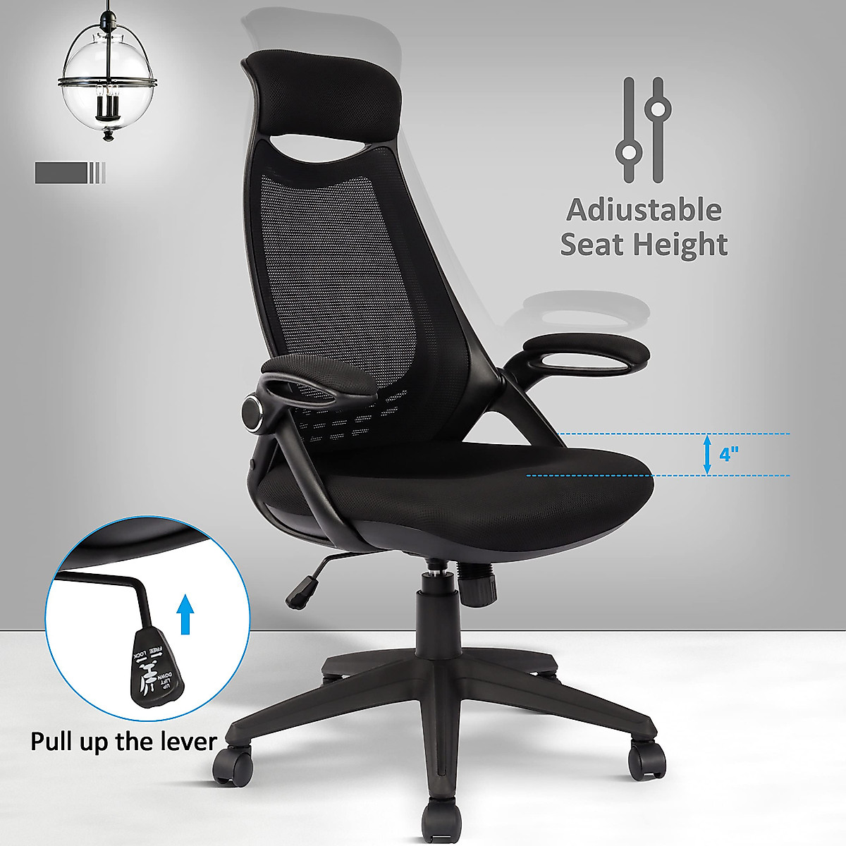HYLONE Office Desk Chair Ergonomic, Mesh Computer Chair with Headrest, Flip Up Arms, Lumbar Support, Height Adjustable (Black)
