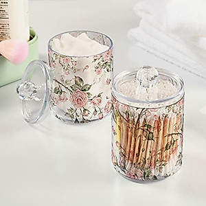 Kigai 2PCS Pink Roses Flowers Qtip Holder Dispenser with Lids - 14 oz Bathroom Storage Organizer Set, Clear Apothecary Jars Food Storage Containers, for Tea, Coffee, Cotton Ball, Floss
