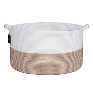 Hiromi Cotton Rope Basket - Decorative White Storage Bins for Room Organization - Firm Woven Hamper for Laundry - Toys, Towel, Cushion, Throw Pillow, Blanket Holder with Durable Handles - 24in x 14in Solid Brown