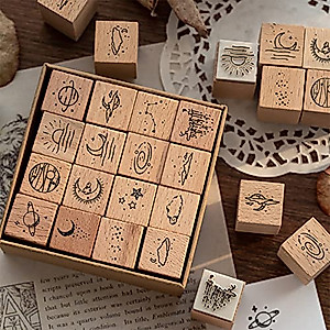 16Pcs Vintage Wooden Seal Set, Retro Rubber Stamps, Flower Moon Star Butterfly Mountain Rubber Stamps for Scrapbooking Ephemera Planner DIY Craft Card Making (Moon&Sixpence)