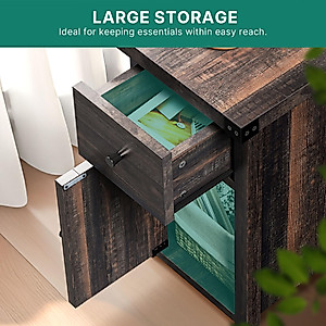 YITAHOME End Table with Charging Station, Narrow Side Table with USB Ports and Outlets, Nightstand with Drawer and Storage Cabinet for Living Room, Bedroom, Dark Rustic Oak