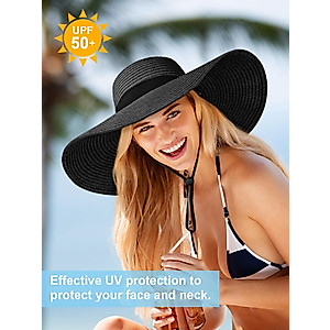 Womens Sun Hat UV Protection Wide Brim Beach Hat Floppy Foldable Roll-Up Straw Hats for Women UPF 50 Black