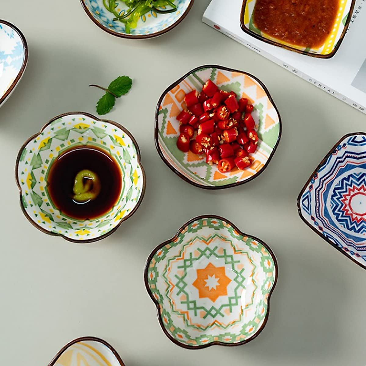 RareCi Dip Bowls 4 Oz - 6-Pack Little Dipping Bowl Set - Mini Ceramic Bowl - Small Condiment, Appetizer, Snack, Soy Sauce Dish - Cute Serving Bowls for Parties(Lotus)