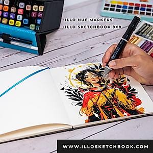 illo Sketchbook 8’’ x 8’’ Square Hardcover High-Quality Sketch Book, (112lb/180gsm) Heavyweight Paper, Ribbon Marker, Back Pocket, Lays Flat, Minimal Bleed, Vegan, for Artists & Beginners