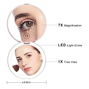 Benbilry LED Lighted Travel Makeup Mirror, 1x/7x Magnification, 5 Inch Dual Sided Vanity Mirror with Lights Portable Compact Illuminated Cosmetic Mirror – Perfect for Handbag Rose Gold