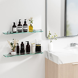 KOCOK Glass Bathroom Shelves,24-Inch Floating Glass Shelves for Wall Rectangular Modern Glass Shelf for Bathroom Stainless Steel Tempered Glass Wall Mount Accessories