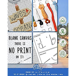 Beach Signs Cross Stitch Bookmark - Coastal Wood Signs Embroidery Set with Paper Pattern, 16 Count Aida Cloth and Pre-Sorted Floss