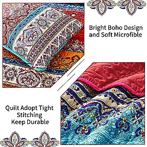 Boho Quilt Set Queen Size, Bohemian Red Strip 3 Pieces Bedspread Set Lightweight Microfiber All Season Christmas Bedding Coverlet Set for Queen Bed (96"x90")