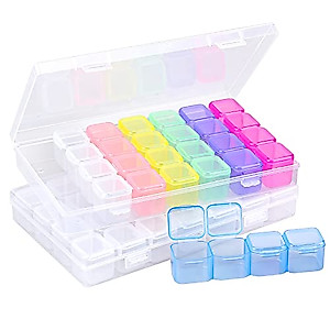 Cosics Rhinestone Storage Organizer Box, 2PCS 28-Grid Clear & Colorful Case Container Portable with Lids for Diamond Painting Nail Charms Embroidery Bead Sewing Glitter Pill Seed DIY Art Craft Jewelry
